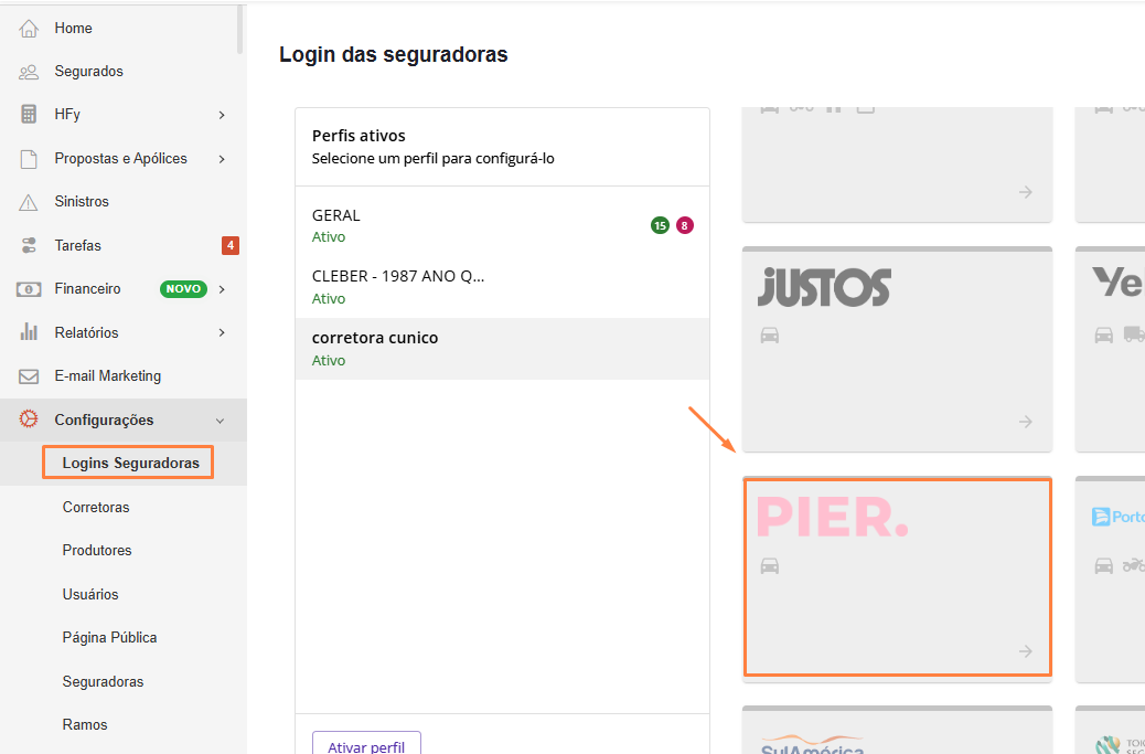 Logins Seguradoras - Como configurar o login da Pier.