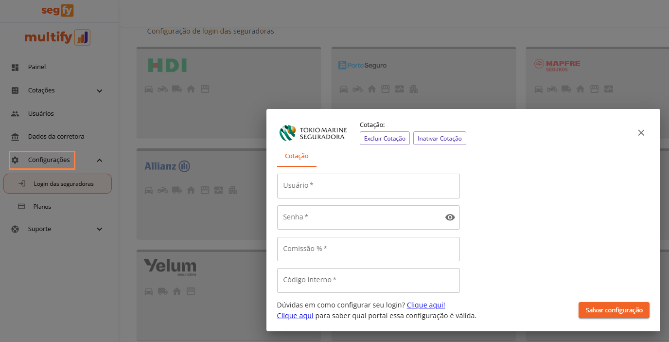 Multify - Como configurar o login da Tokio Marine?